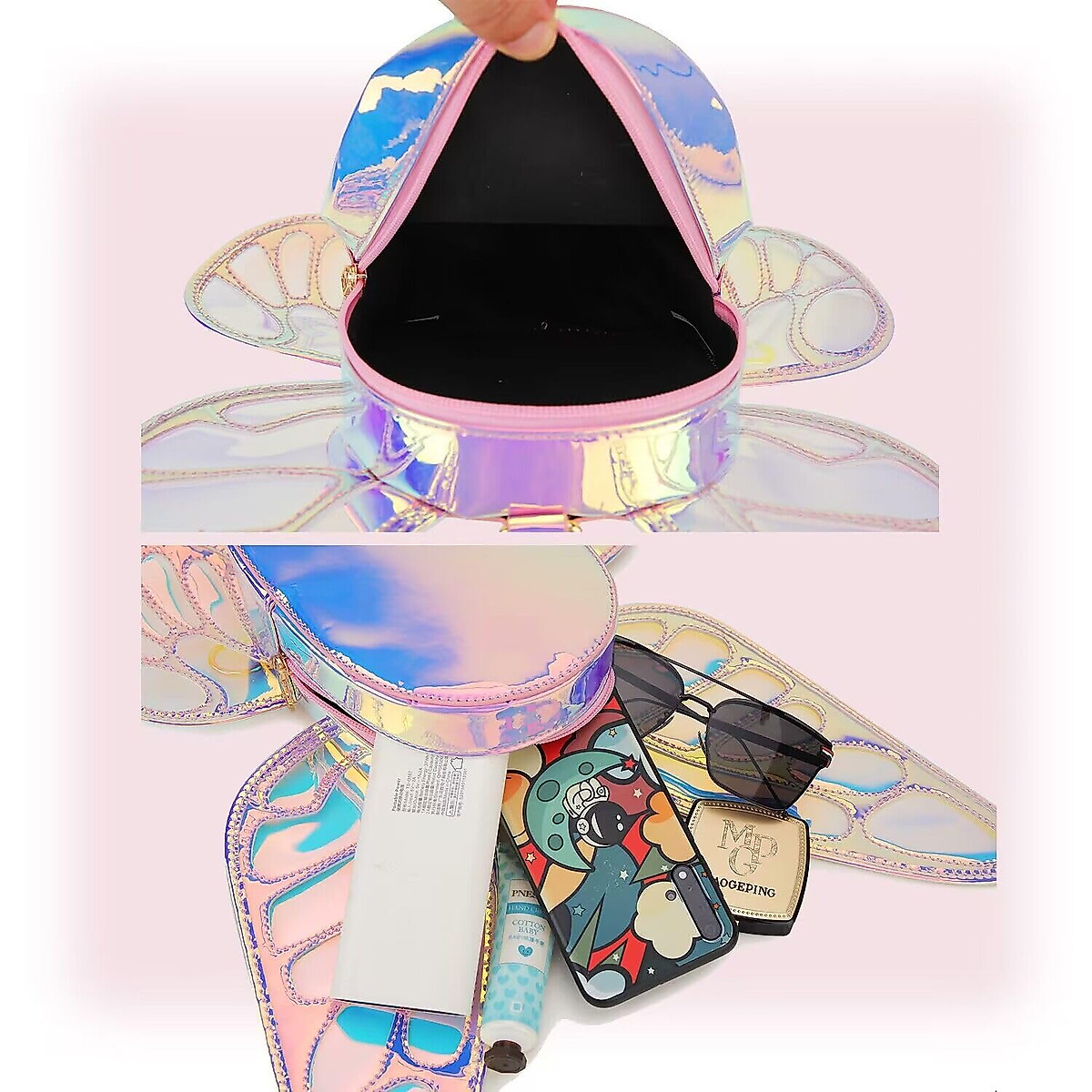 ENJOININ Women's Laser Holographic Backpack Butterfly Angel Wings Casual Daypack Shoulder bag for Young Girls (Laser Pink)