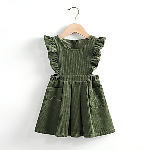 Simplee kids Casual Girl Fall Dress Solid Green Corduroy Holiday Girl Dress with Pockets 10 Years