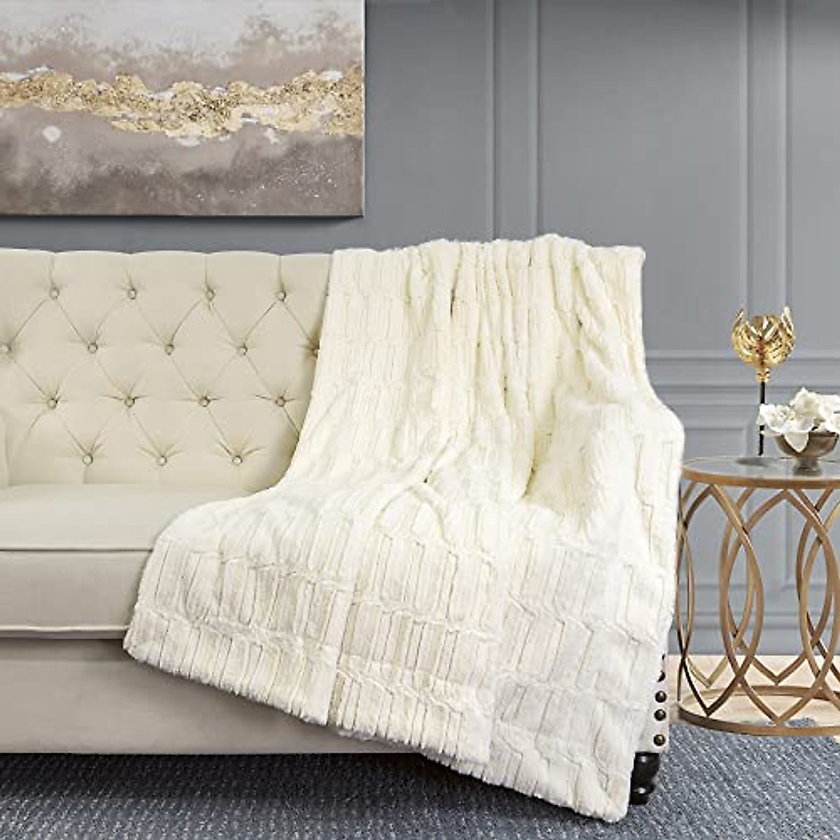 Home Soft Things Ivory Saga Double Sided Faux Fur Throw, 50" x 60", Comforable Soft Cozy Throw Blanket for Chair Bedroom Living Room Sofa Couch Bed Outdoor Travel