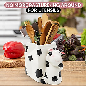 Cow Utensil Holder | Kitchen Crock Storage Gift | Kitchen Decor | Cow Print Theme La Vaca | Farmhouse Hoedown Decoration Holiday | Cute Cow Countertop Vase by Sixdrop