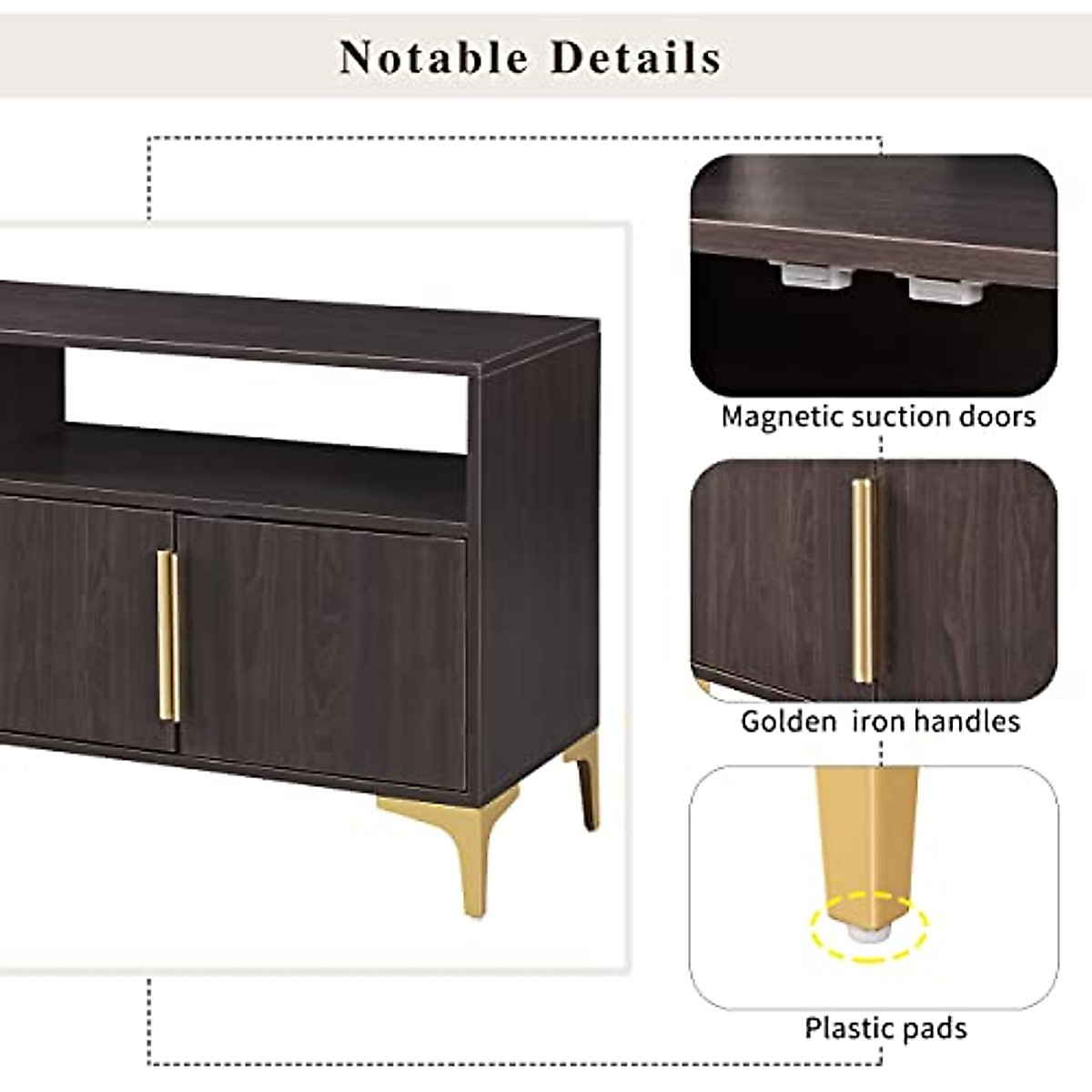 58” L Sideboard with Gold Metal Legs and Handles, Wood Console Table Storage Cabinet Sufficient Storage Space Magnetic Suction Doors (Espresso-J5)