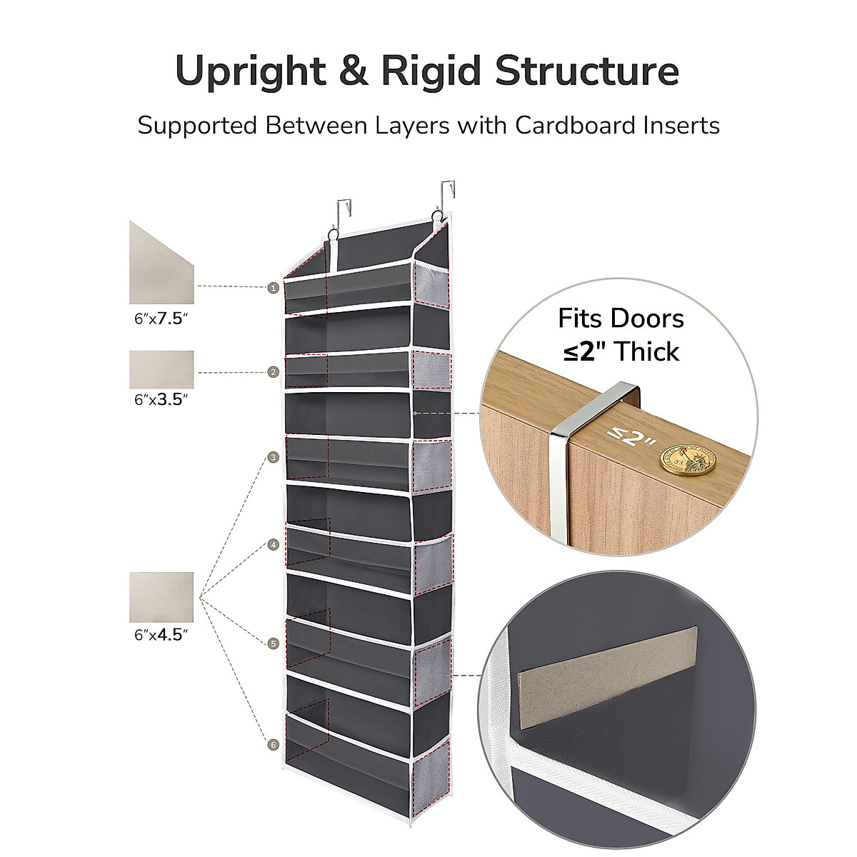 ULG Over Door Organizer with 4 Large Pockets 6 Mesh Side Pockets, 33 lbs Weight Capacity Hanging Storage Organizer with Clear Window for Bedroom Nursery, Baby Kids Toys, Diapers, Dark Grey (1 Pack)