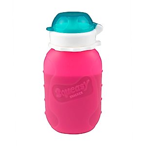 Pink 6 oz Squeasy Snacker Spill Proof Silicone Reusable Food Pouch - for Both Soft Foods and Liquids - Water, Apple Sauce, Yogurt, Smoothies, Baby Food - Dishwasher Safe