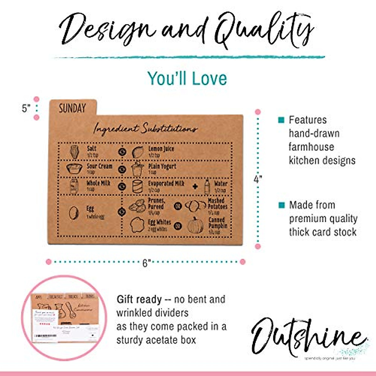 OUTSHINE Premium Kraft Recipe Cards Dividers 4x6 with Tabs (Set of 24) | Recipe Box Dividers Made of Thick Cardstock | Includes 28 Adhesive Labels and Printed Cooking Tips | Best Kitchen Gift