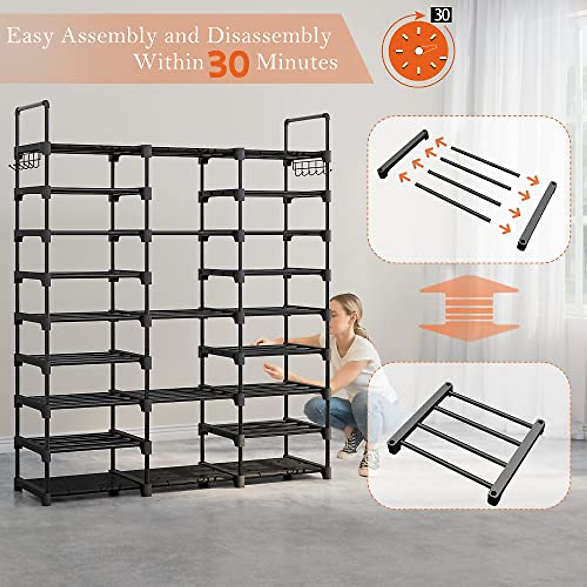 Tabiger 9 Tier Shoe Rack Organizer for Entryway 53-58 Pairs, DIY Stackable Shoe Rack for Closet Shoe Organizer with Sturdy Shelves and 10 Hooks, Metal Shoe Shelf Closet Organizer,12"D x 50"W x 63"H