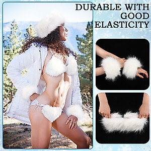 Ramede 4 Pcs Women's Faux Fur Bikini Bra Top Fur Headband Wrist Cuffs Bikini Panties Set Furry Suits for Women Swimsuits(White)