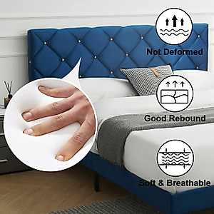 AsKmore Queen Size Bed Frame,Velvet Upholstered Platform with Headboard and Strong Wooden Slats,Non-Slip and Noise-Free,No Box Spring Needed, Easy Assembly,Navy Blue