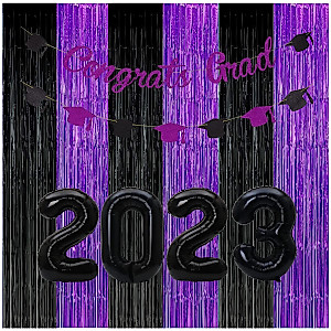 Graduation Decorations 2024 Purple Black Foil Fringe Backdrops, Black Purple Party Decorations Streamer Tinsel Curtains for Graduation Birthday Halloween Party(3 Pack)