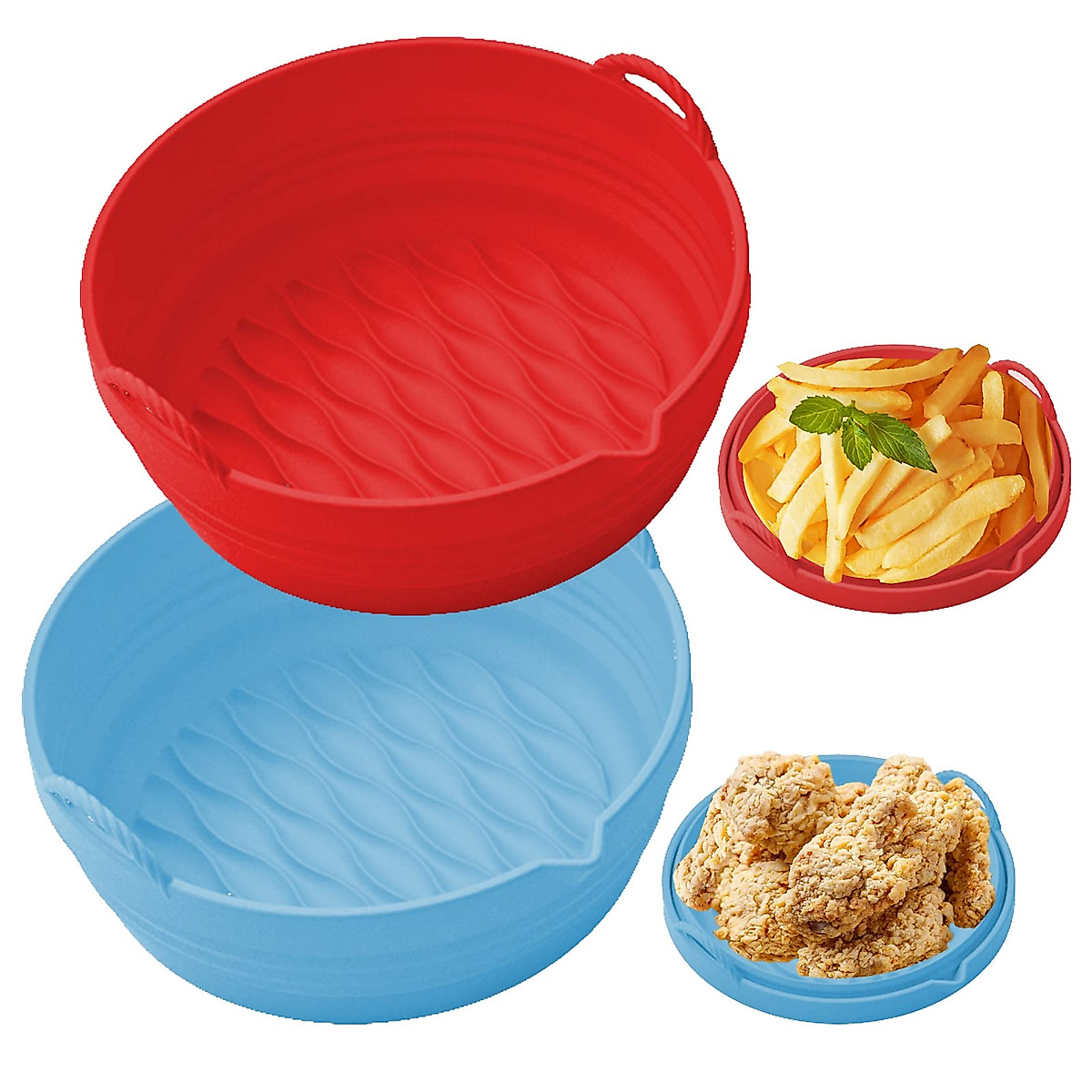 2-Pack Silicone Air Fryer Liners, 7.5" Foldable Reuse Silicone Air Fryer Basket, Easy to Clean Silicone Tray Air Fryer, Deep Fryer Liner, Use Instead of Parchment Fits 3 to 5 QT Air Fryer (Red & Blue)