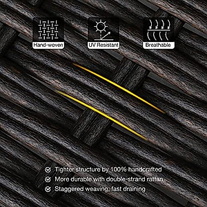 PHI VILLA 3-Piece Outdoor Rattan Sectional Sofa Set with Acacia Wood Coffee Table Patio Wicker Furniture Set with Cushions Conversation Set, Navy Blue