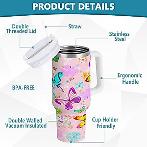 RPLIFE Colorful Butterfly Garden Pink 40oz Tumbler with Handle, Stainless Steel Cups with Lid, Tumbler for Men