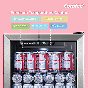 COMFEE' CRV48S3AST Beverage Cooler, 48 Cans Beverage Refrigerator, Digital Temperature Control, Glass Door With Stainless Steel Frame, Reversible Hinge Door And Legs For Home, Apartment,Dorm, Office