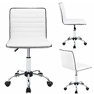 Small Task Chair for Women, Low Back Armless PU Leather Ribbed Computer Executive Cute Desk Chair with Wheels, Rolling Chair Vanity Makeup Chair Silla Para Mujer for Office Vanity Makeup Room