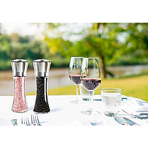 Levav Premium Salt and Pepper Grinder Set of 2 - Brushed Stainless Steel Pepper Mill and Salt Mill, Glass Body, SIze Grade adjustable ceramic rotor-salt and pepper shakers (tall)