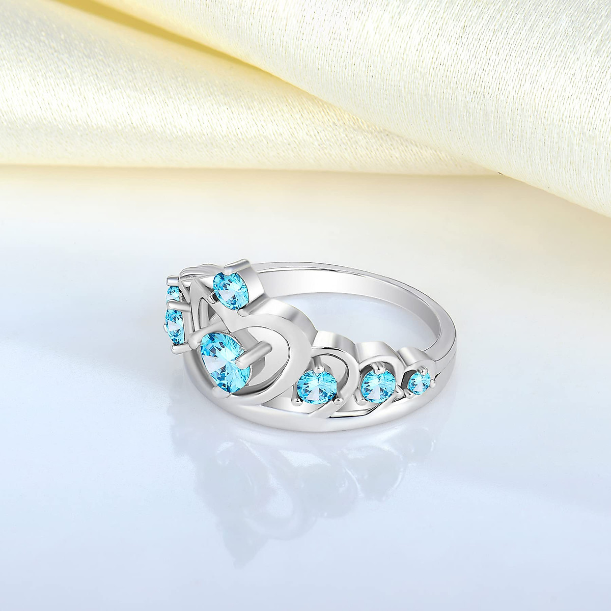 YL Crown Rings 925 Sterling Silver Heart Engagement Rings Queen Created Aquamarine Anniversary Jewelry-size6
