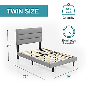 IYEE NATURE Twin Bed with Headboard,Sturdy Platform Bed with Wooden Slats Support,No Box Spring,Mattress Foundation,Easy Assembly,Grey