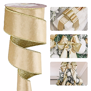 HUIHUANG Champagne Velvet Wired Ribbon 2-1/2" Champagne Gold Christmas Ribbon with Glitter Gold Backing, for Christmas Tree, Tree Top Bows, Wreaths, Graland, Home Decor, Crafts-10 Yards