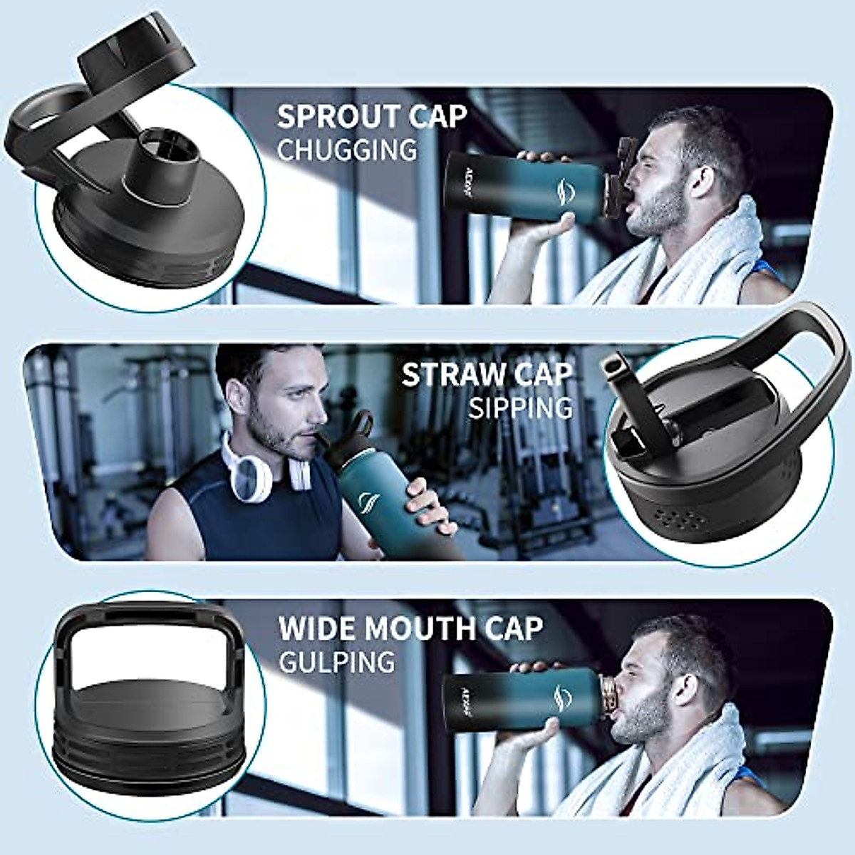 AEXPF 40oz Insulated Water Bottles, Stainless Steel Vacuum Sports Water Bottles with 3 Lids, Reusable Leakproof Metal Thermos, Water Flask Jugs without Sleeve for Gym, Indigo Black Gradient