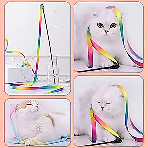 LASOCUHOO Interactive Cat Rainbow Wand Toys, Interactive Cat Teaser Wand String, Colorful Ribbon Charmer for Kittens - 2 PCS