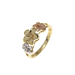 Arthur's Jewelry Solid 14k tricolor gold 6.5mm-8mm-6.5mm Hawaiian plumeria flower ring size 10