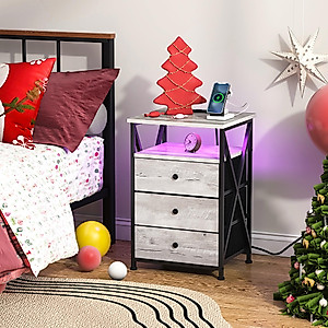 Tantmis Nightstands Set of 2, Modern Design, LED Light, Night Stand with Charging Station, 3 Drawers, Grey, 23.62x15.75x13.78 inches