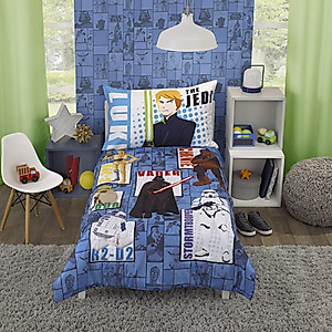 Disney Star Wars Galaxies Await 4 Piece Toddler Bedding Set Fitted Sheet, Pillow Case, Top Sheet, and Comforter Quilt - Blue