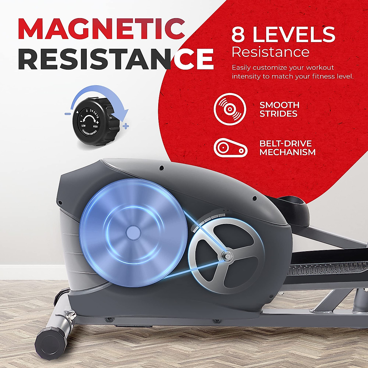 Sunny Health & Fitness Performance Compact Elliptical Machine with 8-Level Adjustable Resistance, Pulse Sensor & Exclusive SunnyFit App Enhanced Bluetooth Connectivity - SF-E320033