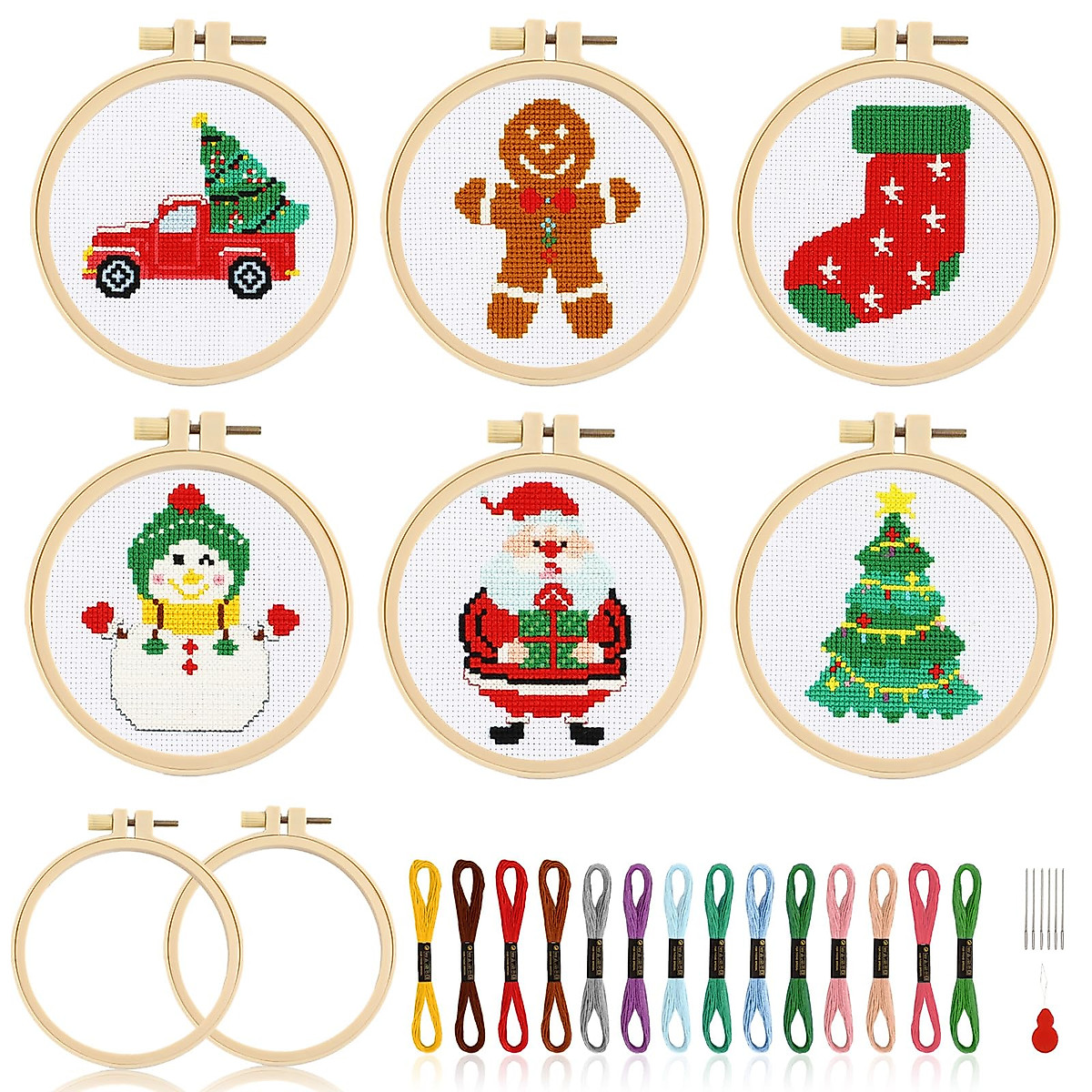 ZOIIWA 6PCS Christmas Cross Stitch Kits for Beginners DIY Embroidery Kit for Kids Adults Needlepoint Starter Kits Craft with Santa Snowman Gingerbread Man Socks Christmas Tree Truck Craft Supplies
