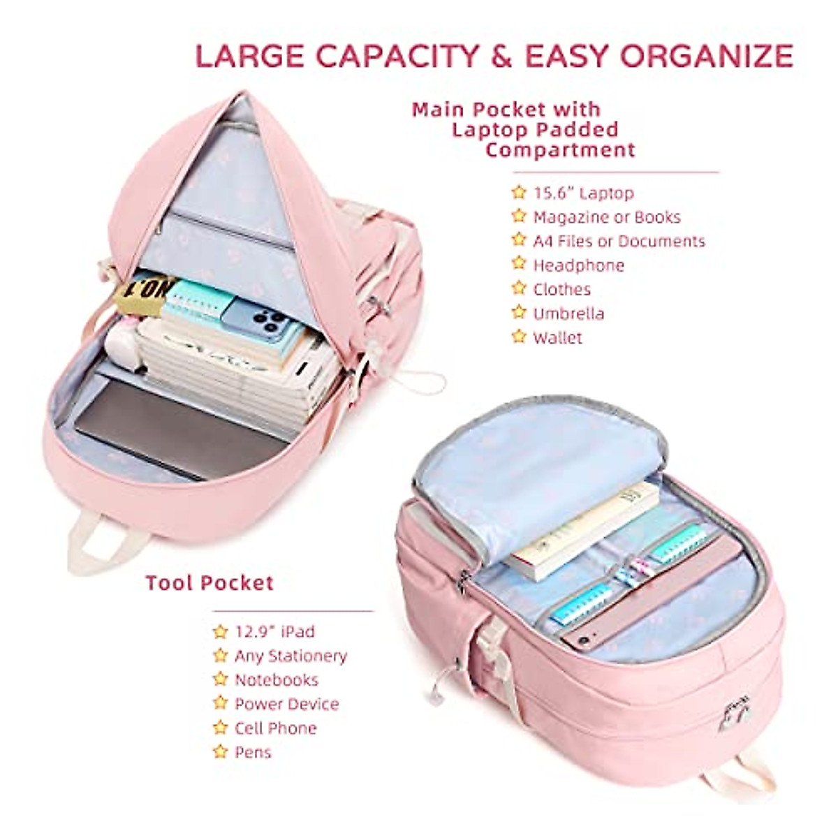 Caoroky knight Laptop Backpacks 15.6 Inch Cute School Bag Elementary Middle High School College Backpack Anti Theft Travel Daypack Large Bookbag for Teens Girls Women Students - Pink