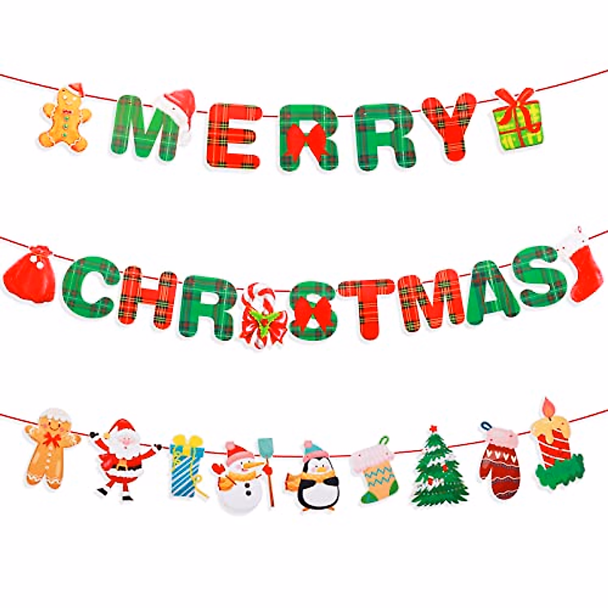 cobee Merry Christmas Banner, Xmas Signs Hanging Banner Plaid Red Green Garland with Cartoon Christmas Tree Santa and Sock Snowman Ornaments for Home Wall Fireplace Party Supplies
