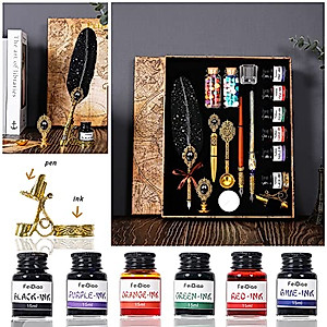 Quill Pen and Ink Set,Calligraphy Pen Set and Wax Seal Kit,3 Dip Pens with 6 Bottles of Colored Ink,17 Calligraphy Nibs in a Storage Box,Fun Feather Pen Calligraphy Gift (Black)