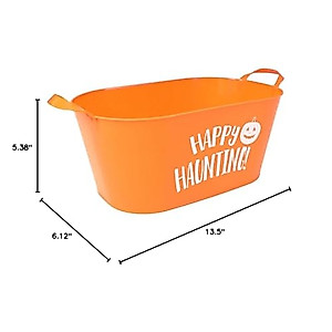 Happy Haunting Orange Oval Bucket with Handle Sentiment Plastic Buckets Handles Gifts Gift Baskets Storage Organizer Containers Party Favor Halloween Holiday Themed Plastic Bucket Decorations