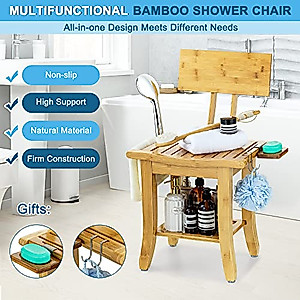 ETECHMART Bamboo Shower Bench with Back and Soap Dish, 2-Tier Shower Chair Bath Seat with Handle for Bathroom Bathtub Elderly Disabled, Waterproof Wood Spa Stool for Inside Shower Legs Shaving, Bamboo