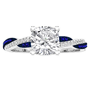 Dazzlingrock Collection 6 MM Cushion Lab Created White Sapphire with Round Blue Sapphire & Diamond Women Engagement Ring | 14K White Gold, Size 6