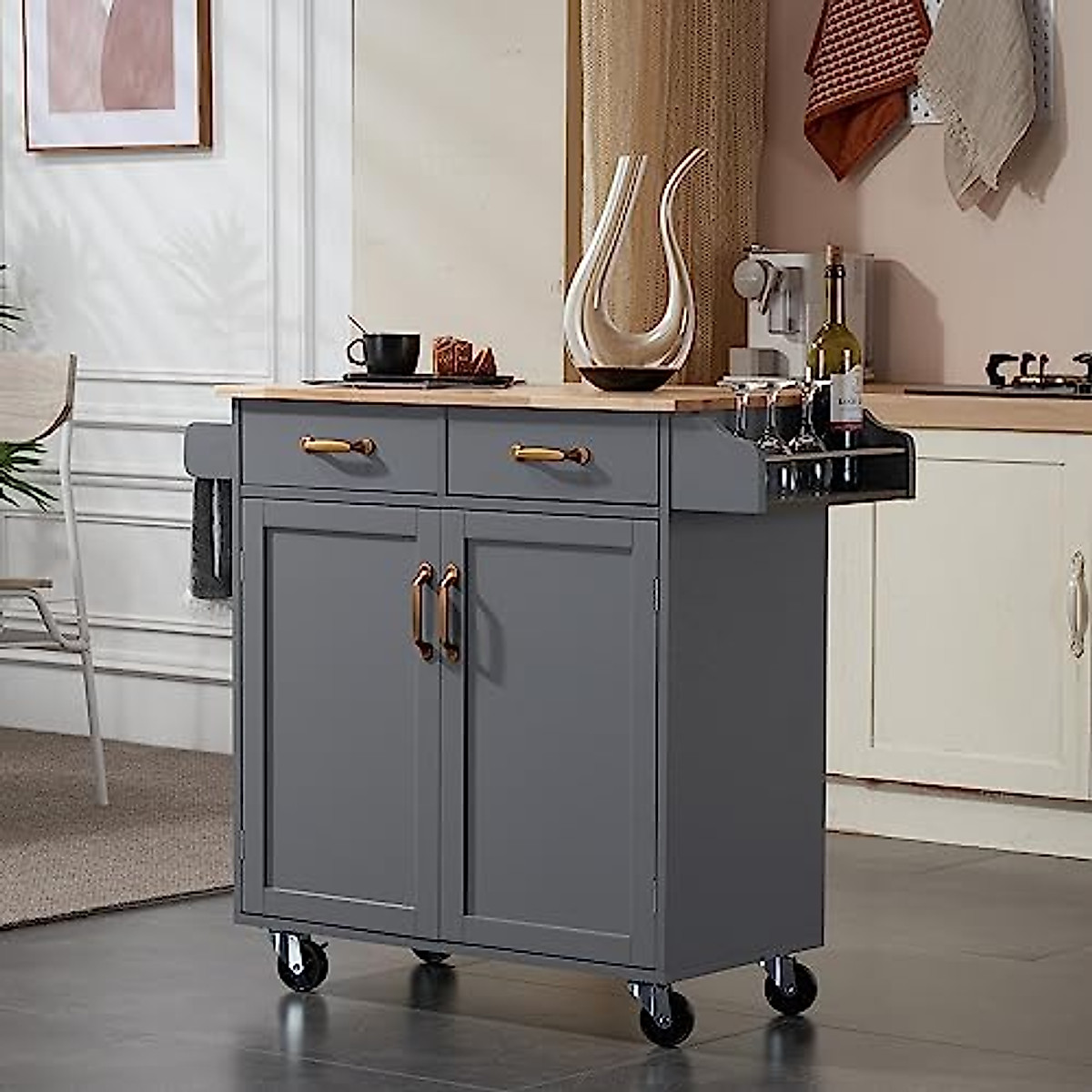 APDYNE Two Door Two Roll Out Kitchen Cart and Storage Cabinet, Rubber Wood Gray Paint Dining Car 99.5 * 40 * 85.5cm, Towel Rack, Adjustable Rack, and Lockable Wheels