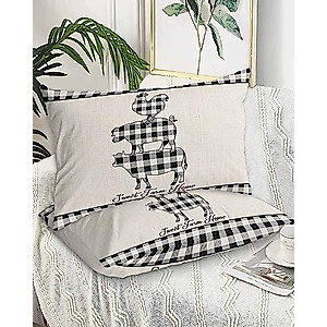 Edwiinsa Farmhouse Pig Cow Rooster Pillow Covers Standard Size Set of 2 20x26 Bed Pillow, Rustic Black White Plaid Burlap Plush Soft Comfort for Hair/Skin Cooling Pillowcases with Envelop Closure