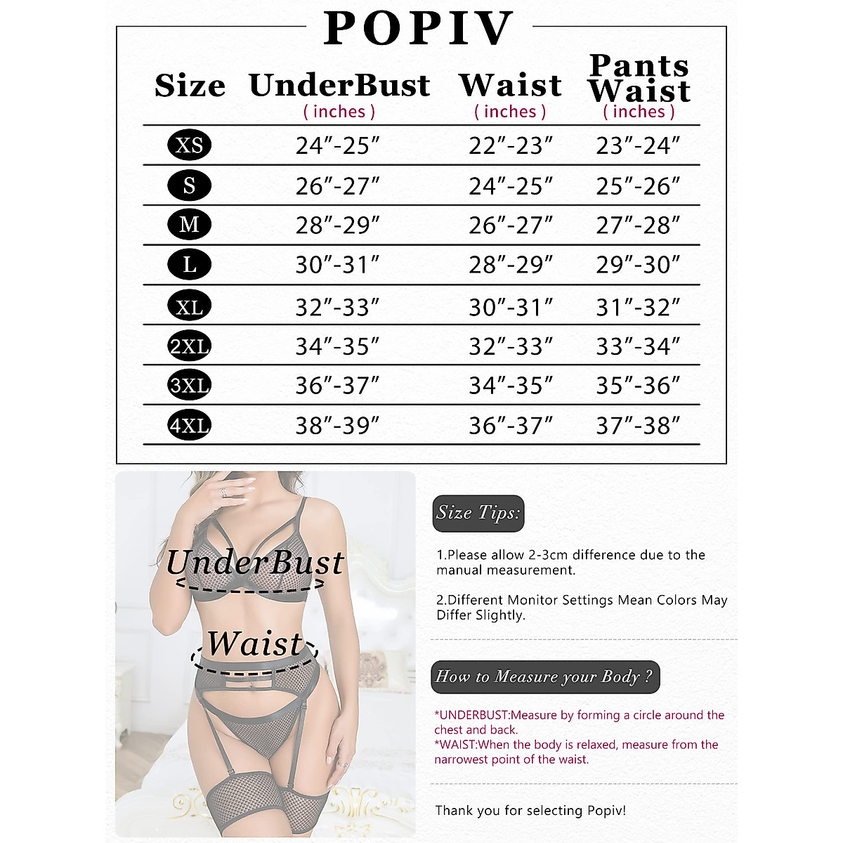 popiv Women's Sexy Lingerie Set with Garter Belt Matching Bra and Panty Lingeries Sets 4 Piece Black