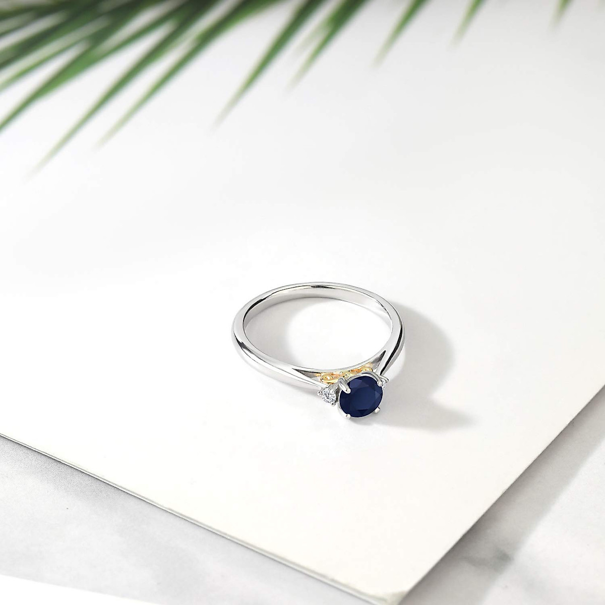 Gem Stone King 925 Sterling Silver and 10K Yellow Gold Blue Sapphire and White Lab Grown Diamond Engagement Ring For Women (0.64 Cttw, Gemstone September Birthstone, Available in size 5, 6, 7, 8, 9)
