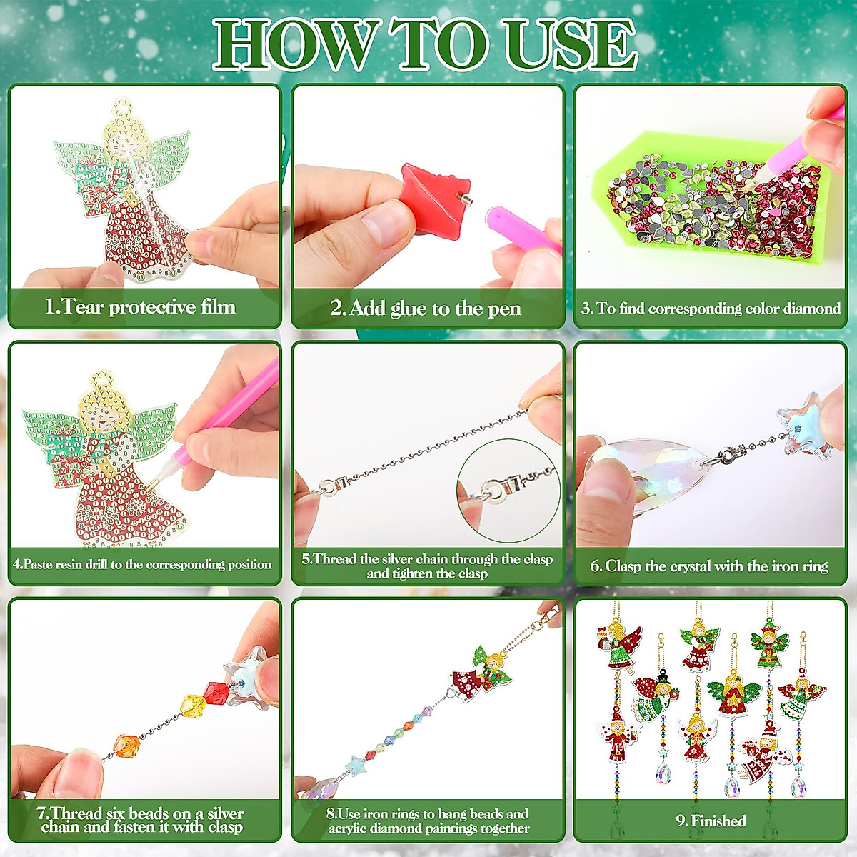 Huwena 9 Pcs Christmas Diamond Art Suncatcher Double Sided Diamond Art Suncatcher Diamond Art Kit Diamond Ornament Diamond Wind Chime for Adults Kid DIY(Angel)