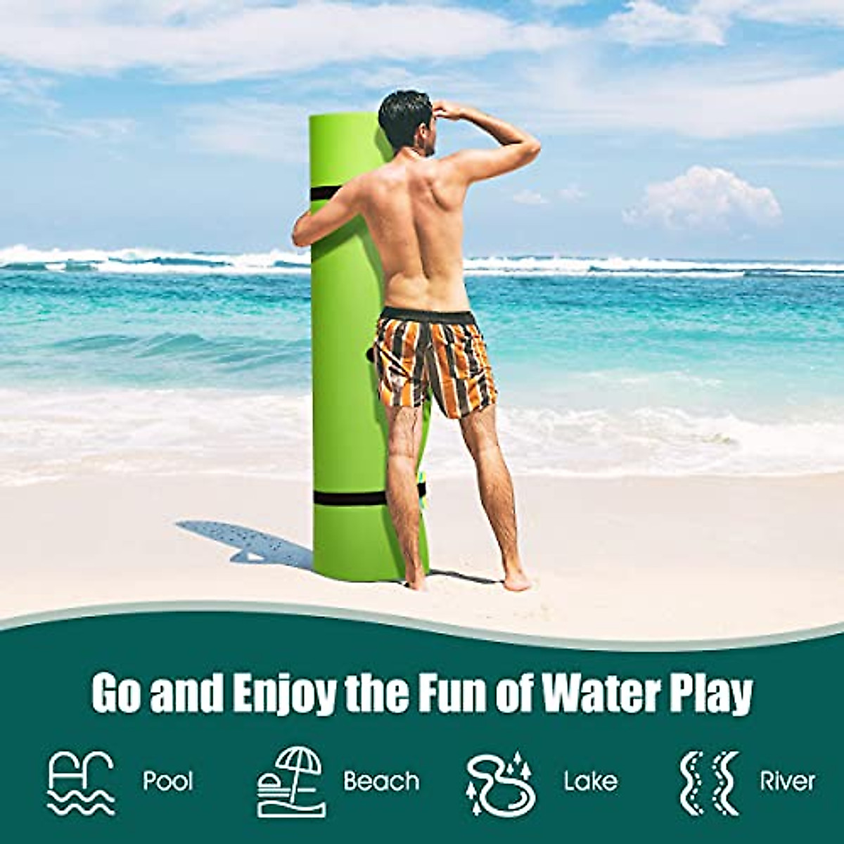 GYMAX Floating Water Mat, 12' x 6' Foam Water Floating Pad with Safe Bungee Tether and Storage Straps, 3-Layer XPE Foam Floating Island for Pool Lake River Outdoor Water Activities (Green)