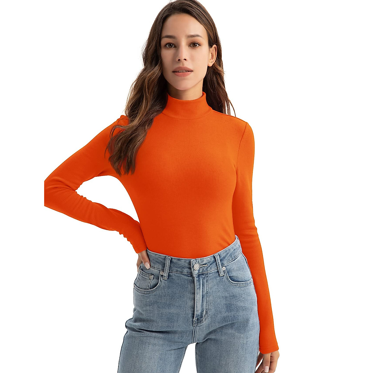 YumiDay Mock Turtleneck Base Layer Women(Orange,XL)