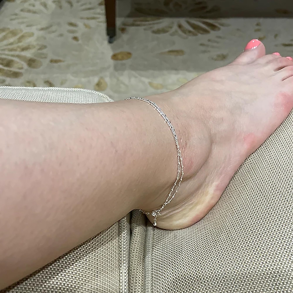 Pencros Dainty Layered Anklet,14K Gold Filled Cute Beads Satellite Chain Heart Boho Adjustable Anklets for Women Teen Girls (bead-silver)