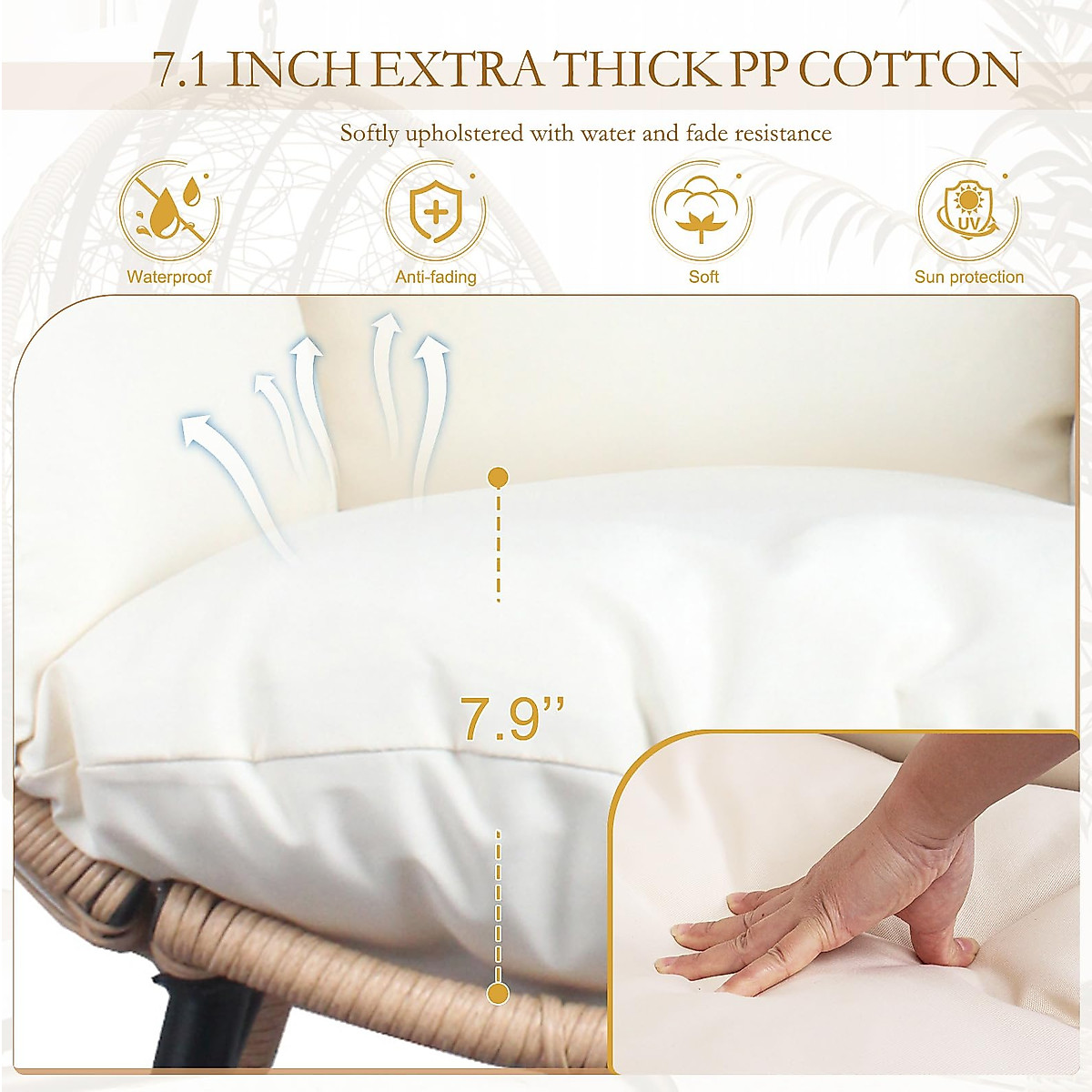 Brafab Stationary Egg Stand, Oversized Large Wicker Lounger with 8" Thick Cushion and 500 lbs Capacity, Heavy Duty Steel Frame, Rattan Basket Chair for Outdoor Patio Backyard (Natural), Cross Weave