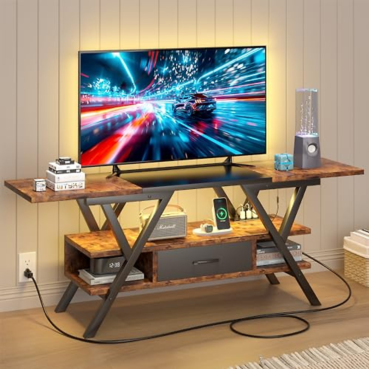 Yusong 65 inch LED TV Stand, Entertainment Center Gaming TV Table with Outlets, Up to 65" Media Console for Living Room, 29+DIY Dynamic RGB Modes, Rustic Brown and Black
