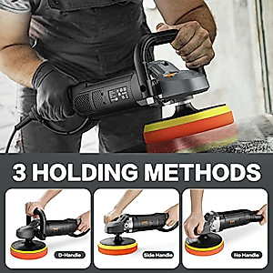 1500W Buffer Polisher, 180mm Rotary Car Polisher Machine Polishing Waxer Kit for Car Detailing with 6-Level Speed，D & Side Handle，4 Foam Pads, 2 Carbon Brushes and 10 Sandpapers
