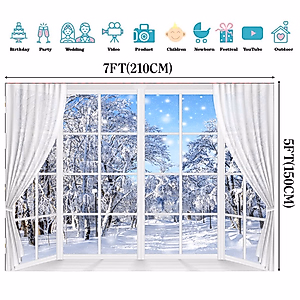Winter Scene Backdrop Holiday Wonderland Snowflake Photography Background Window Forest Christmas Party Decoration Tree Landscape Kids Portrait Photobooth Photo Studio Props 7x5ft White