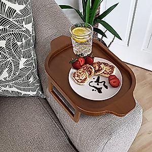 Wooden Couch Tray with Handle, Foldable Couch Arm Table, Sofa Arm Tray for Wide Couches Arm Within 10 Inches, Waterproof & Non-Slip Couch Arm Tray for Snacks Remote Control or Phone (Dark Brown)