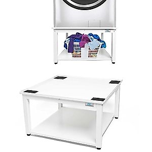 EZ Laundry | Upgraded 28” Universal Pedestal – 700lbs Capacity, Raises 16” with Built-in Drain Pan + Hose, Adjustable Feet, Anti-Vibration & Storage Shelf fits 27" or 28" Washer & Dryer (White)