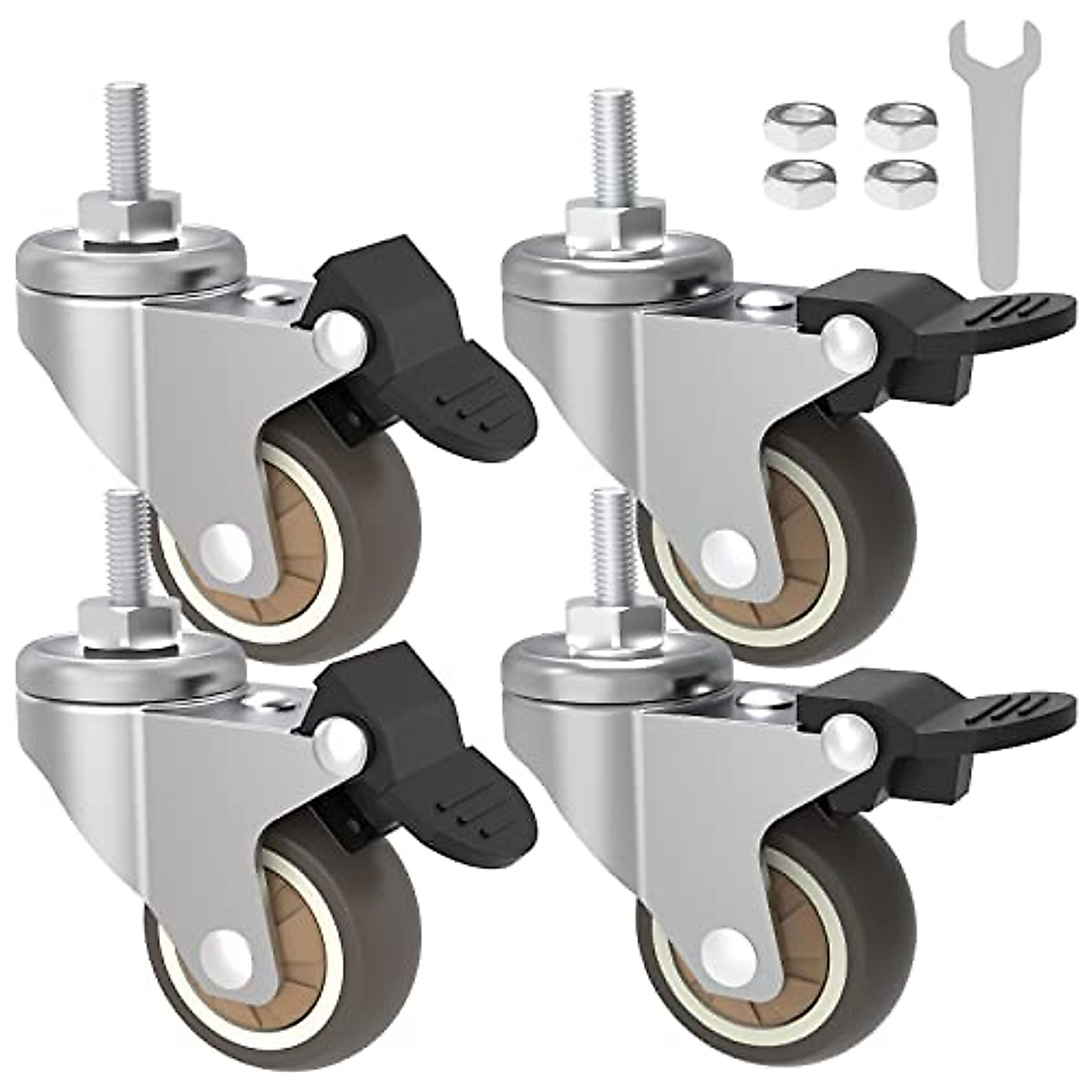 OK5STAR 1.5" Mini Caster Wheels with Brakes, 1/4"-20x1" Threaded Stem Low Profile TPR Castors Quiet Rolling for Small Cart Trolley Dolly Workbench Furniture Set of 4（fit 6mm to 6.35mm）