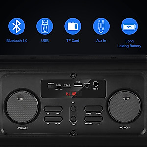 Hotec Karaoke Machine - Portable Bluetooth PA Speaker with Two Wireless Microphones, LED Party Lights, TF Card/USB Music, AUX Input, REC, and TWS for Adults and Kids